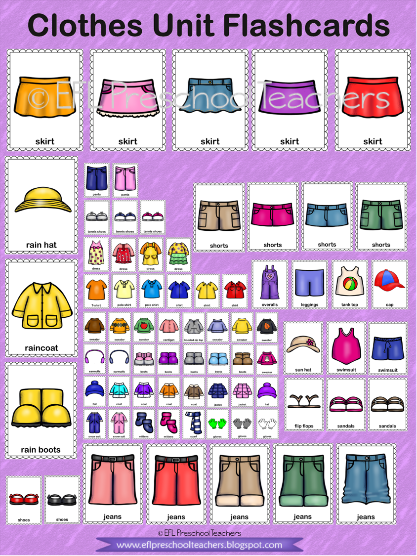 ESL/EFL Preschool Teachers: Clothes Theme Flashcards for Kindergarten