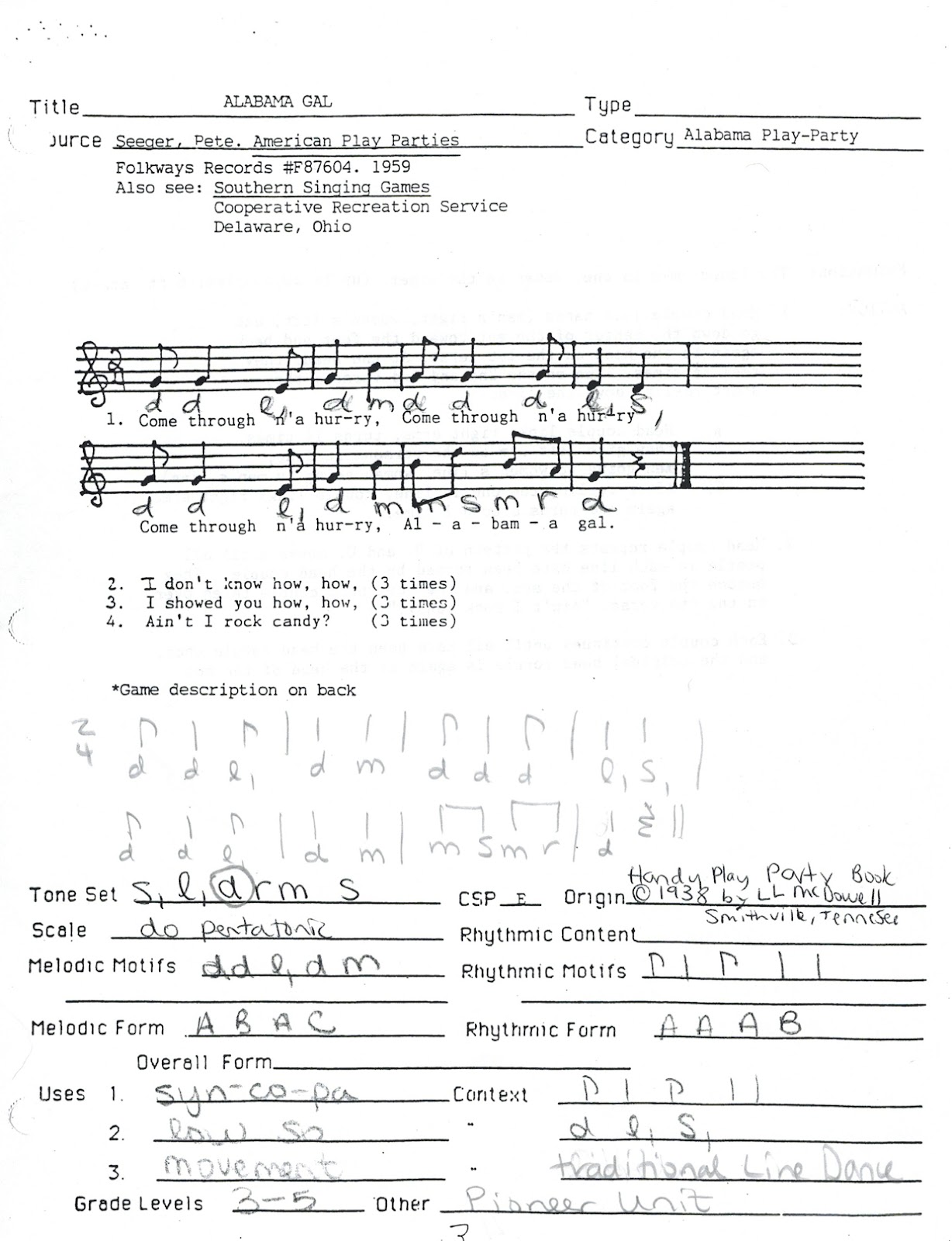 Kodály Song Analysis Directory: Alabama Gal