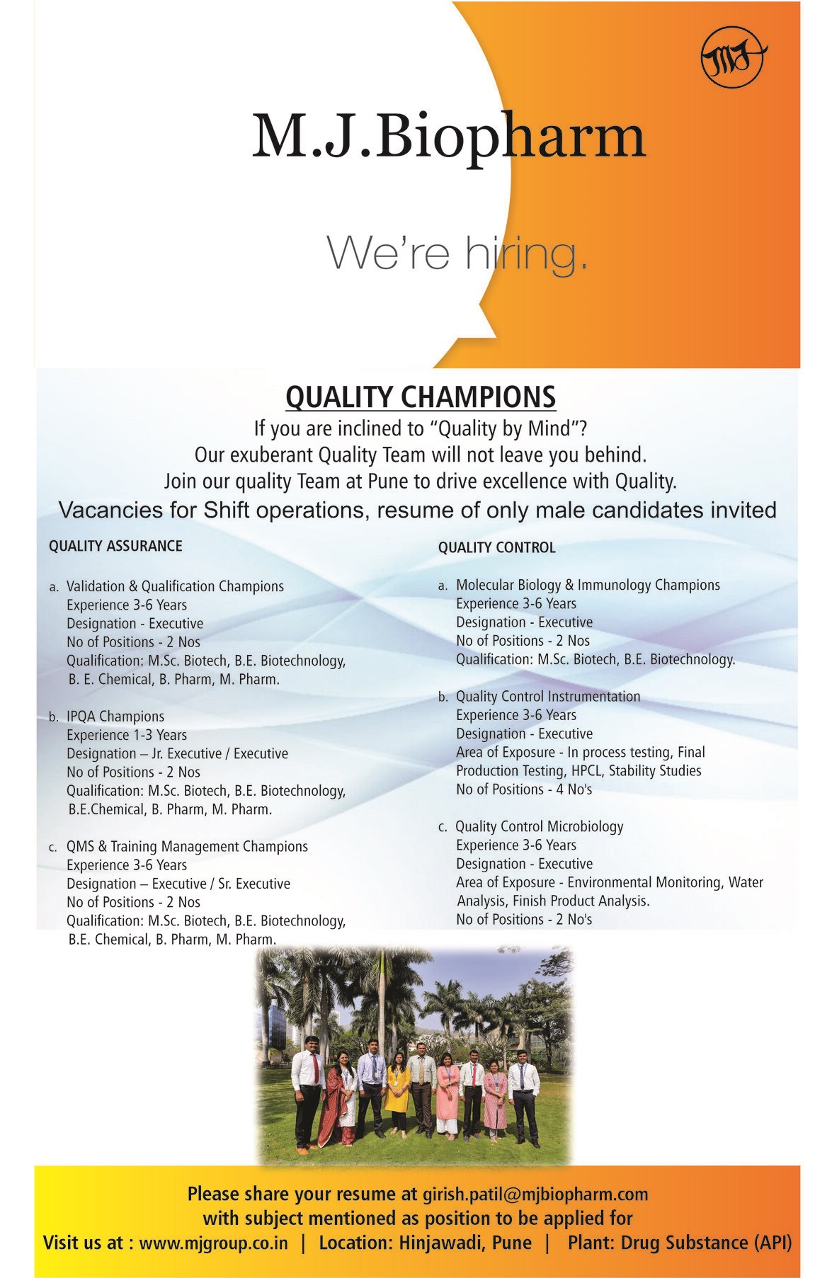 M.J Biopharm Pvt. Ltd - Multiple Openings for Quality Assurance ...