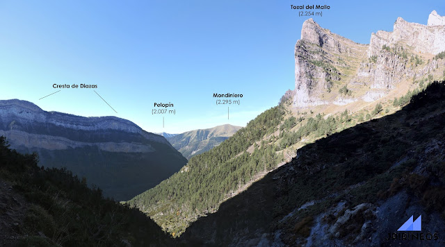 Faja Racón y circo de Cotatuero (clavijas) desde la Pradera de Ordesa