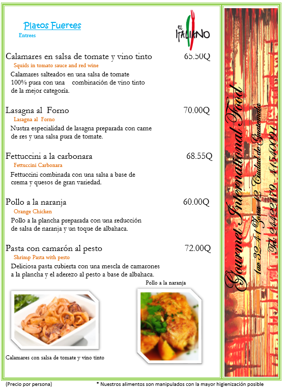 El Italiano Restaurant : Menú
