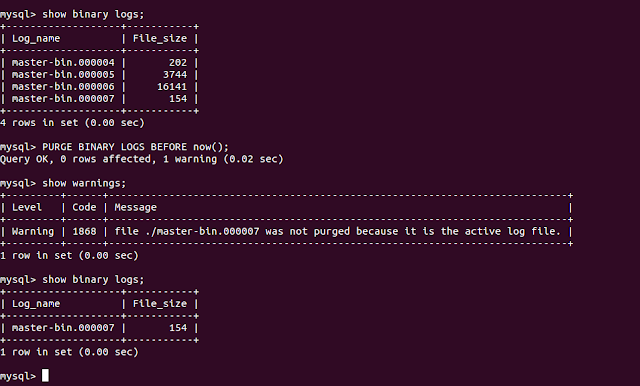 About MySQL: About the new warnings generated during 'PURGE BINARY LOGS ...