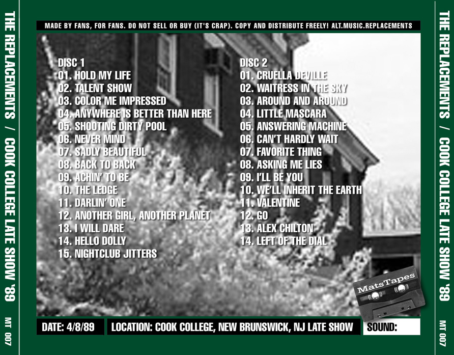 PLUMDUSTY'S PAGE: The Replacements 1989-04-08 Cook College New ...