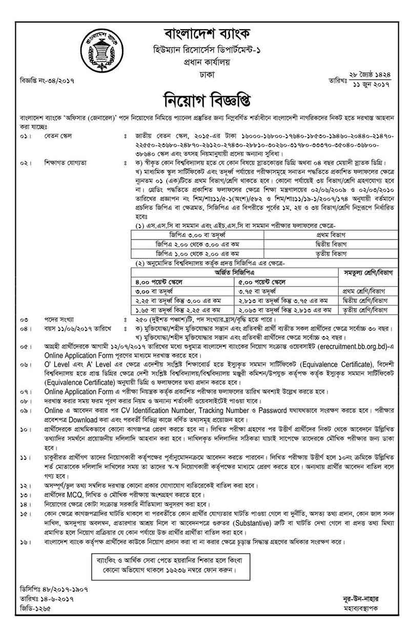 Bangladesh Bank Job Circular 2017 ~ Ofuran