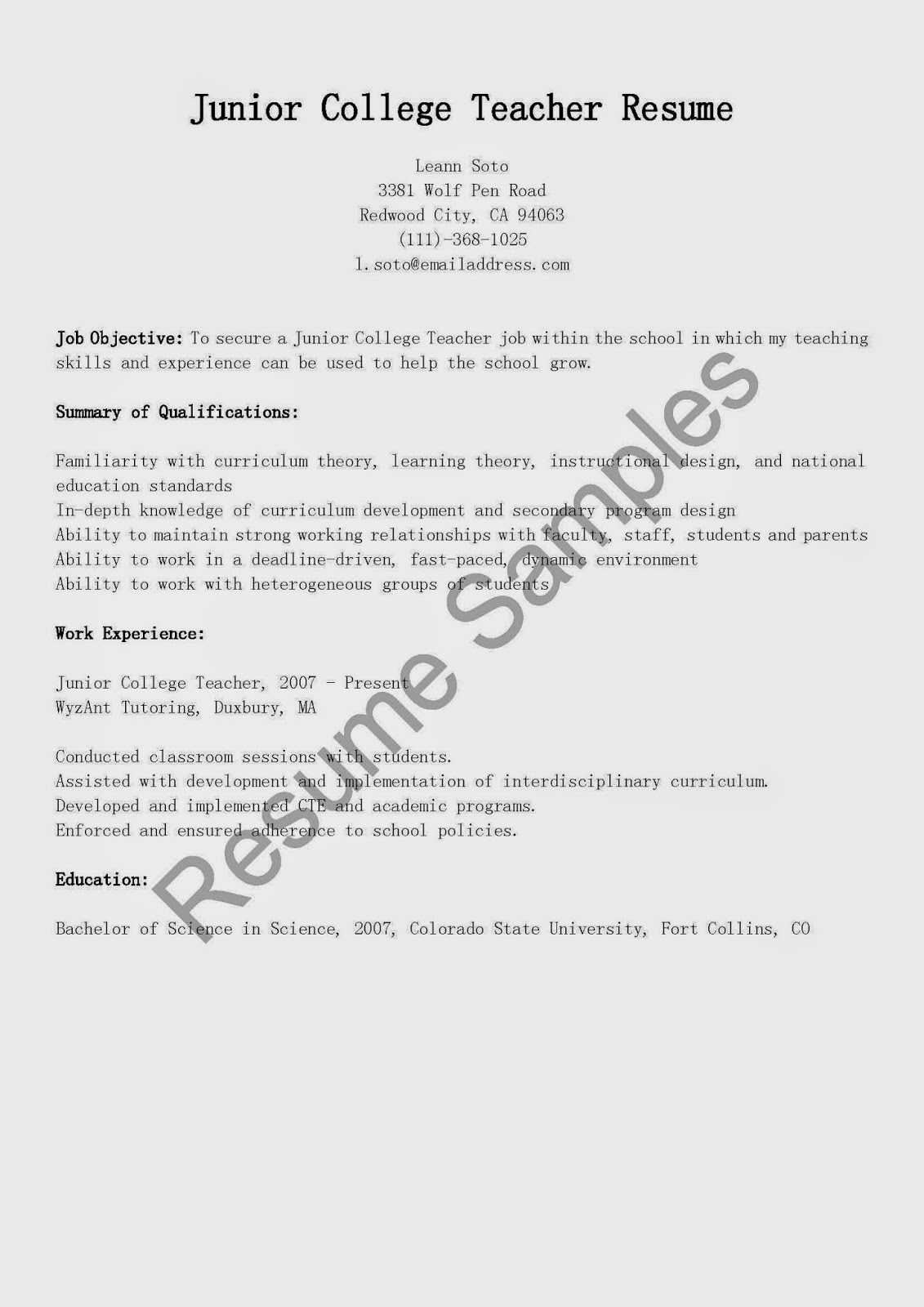 Resume Samples: Junior College Teacher Resume Sample Resume Samples: Junior College Teacher Resume Sample