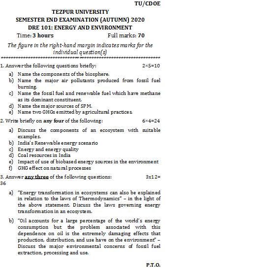 TEZPUR UNIVERSITY (TU/CDOE) AUTUMN SEMESTER END DRE 101: ENERGY AND ...