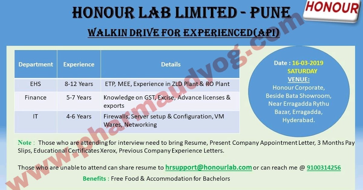 Honour Lab | Walk-in interview for EHS/Finance/IT | 16th March 2019 ...