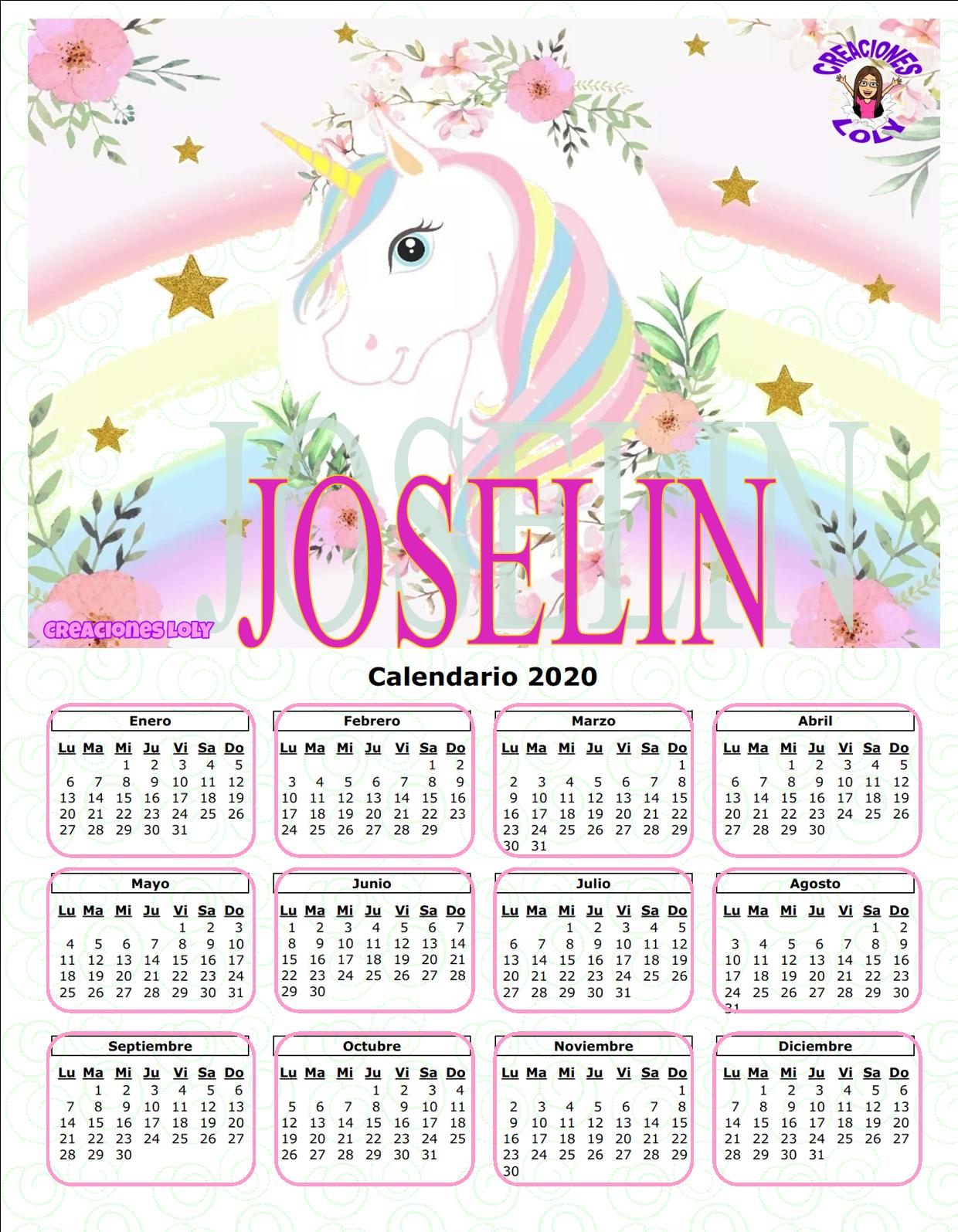 Creaciones Loly: Almanaque Calendario Año 2020 Unicornio Animado