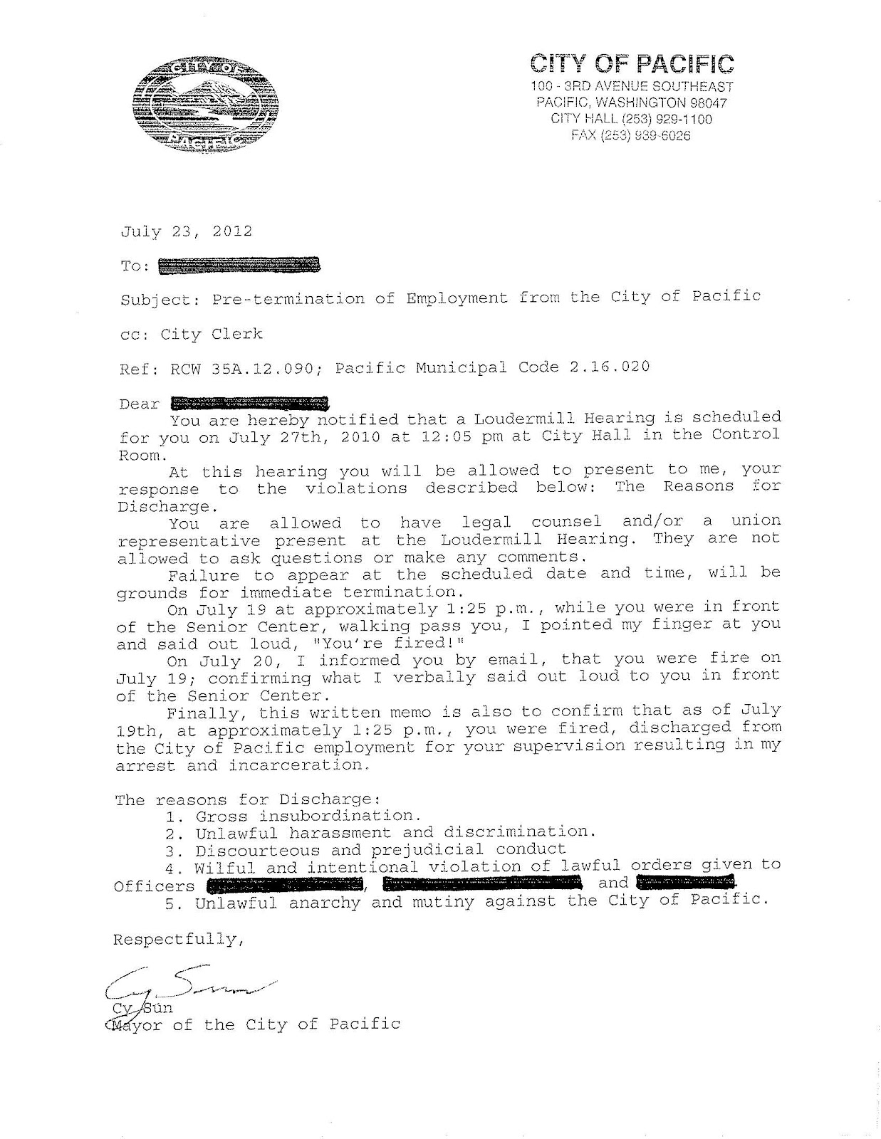 Committee To Recall Cy Sun: Police Notice Of Termination