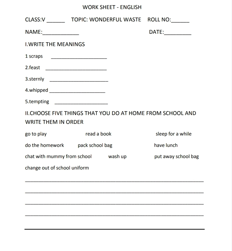KV 5 English Worksheet On Wonderful Waste FORTUNE ACADEMY kv-5-english-worksheet-on-wonderful-waste-fortune-academy