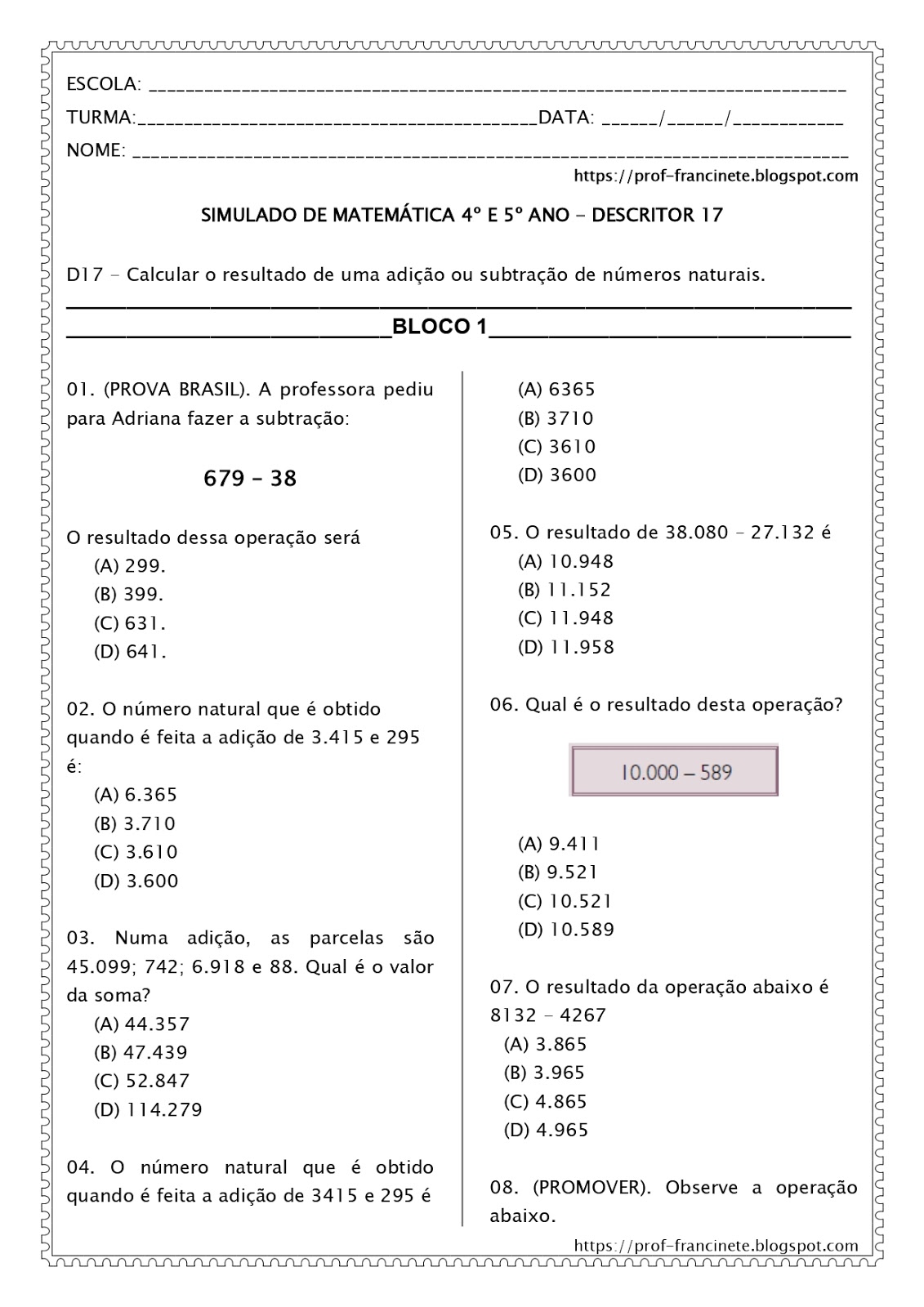Simulado 4 Ano Com Gabarito - FDPLEARN