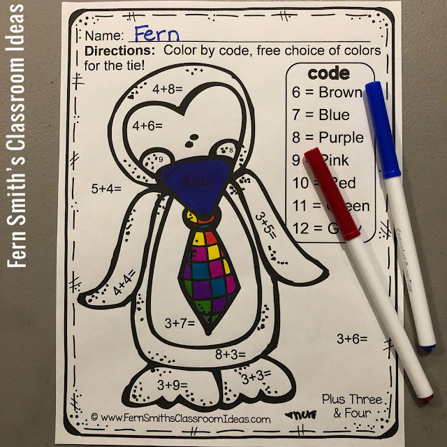 WINTER COLOR BY NUMBER FUNKY PENGUINS ADDITION, SUBTRACTION ...