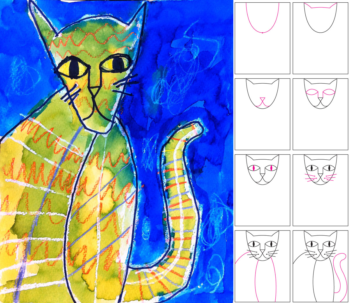 Markers + Crayons + Watercolor Cat - Art Projects for Kids
