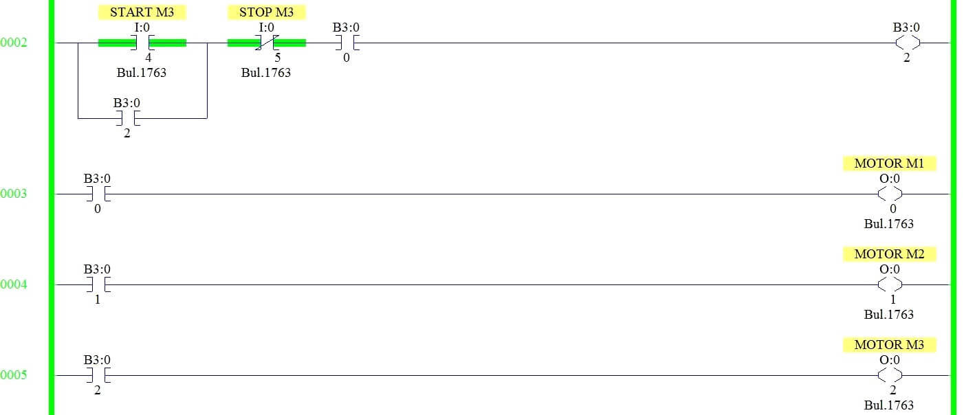 PLC Programming for 3 Motors control in Ladder logic