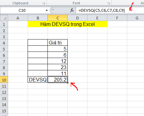 Cách sử dụng hàm DEVSQ trong excel