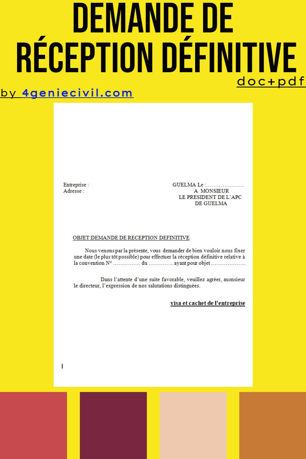 Modèle de demande de réception définitive des travaux word et pdf - Algérie