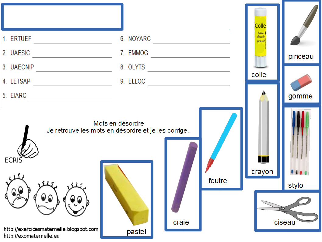 Maternelle: Jeux de mots avec des fournitures scolaires