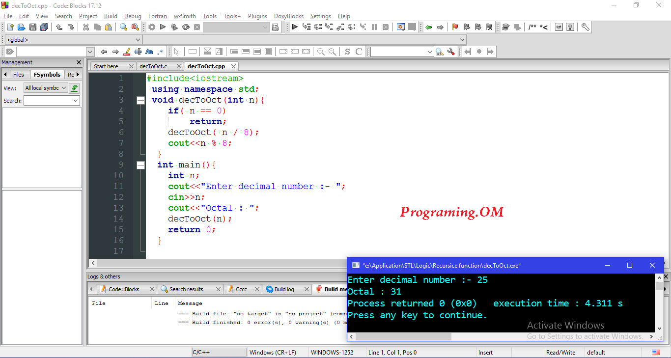 Program in C and C++ to Convert Decimal to Octal number Using recursive ...