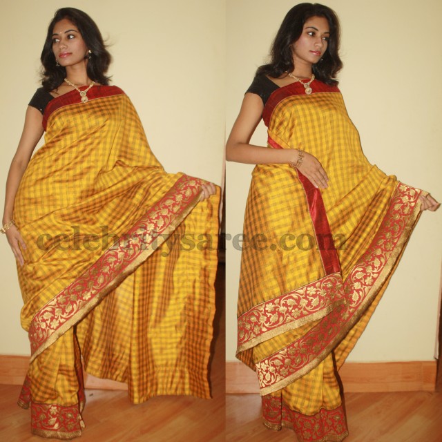 Checks Silk Sari with Floral Border - Saree Blouse Patterns