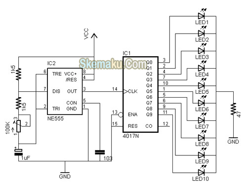 Rangkaian Lampu LED Berjalan (Running LED) dengan IC4017
