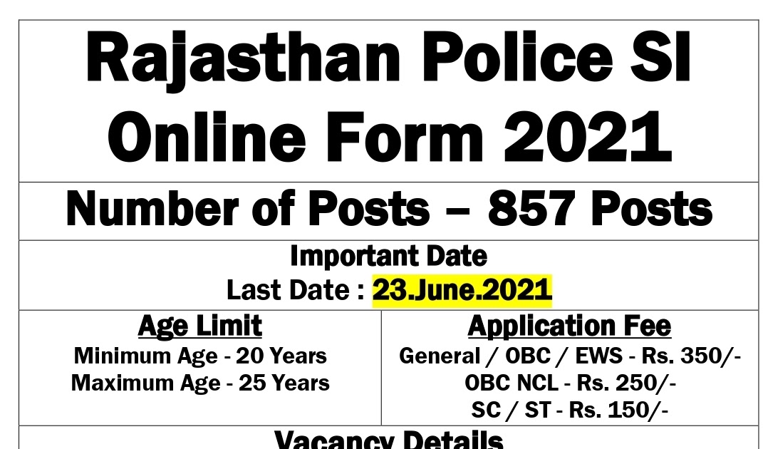 Rajasthan Police SI Online Form 2021