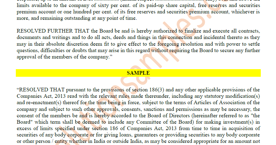 Draft Special resolution under Section 186 Companies Act 2013