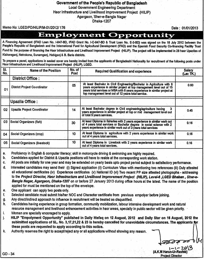 Jobs Barta: Ministry of LGED Bangladesh Job Circular, Post: District ...