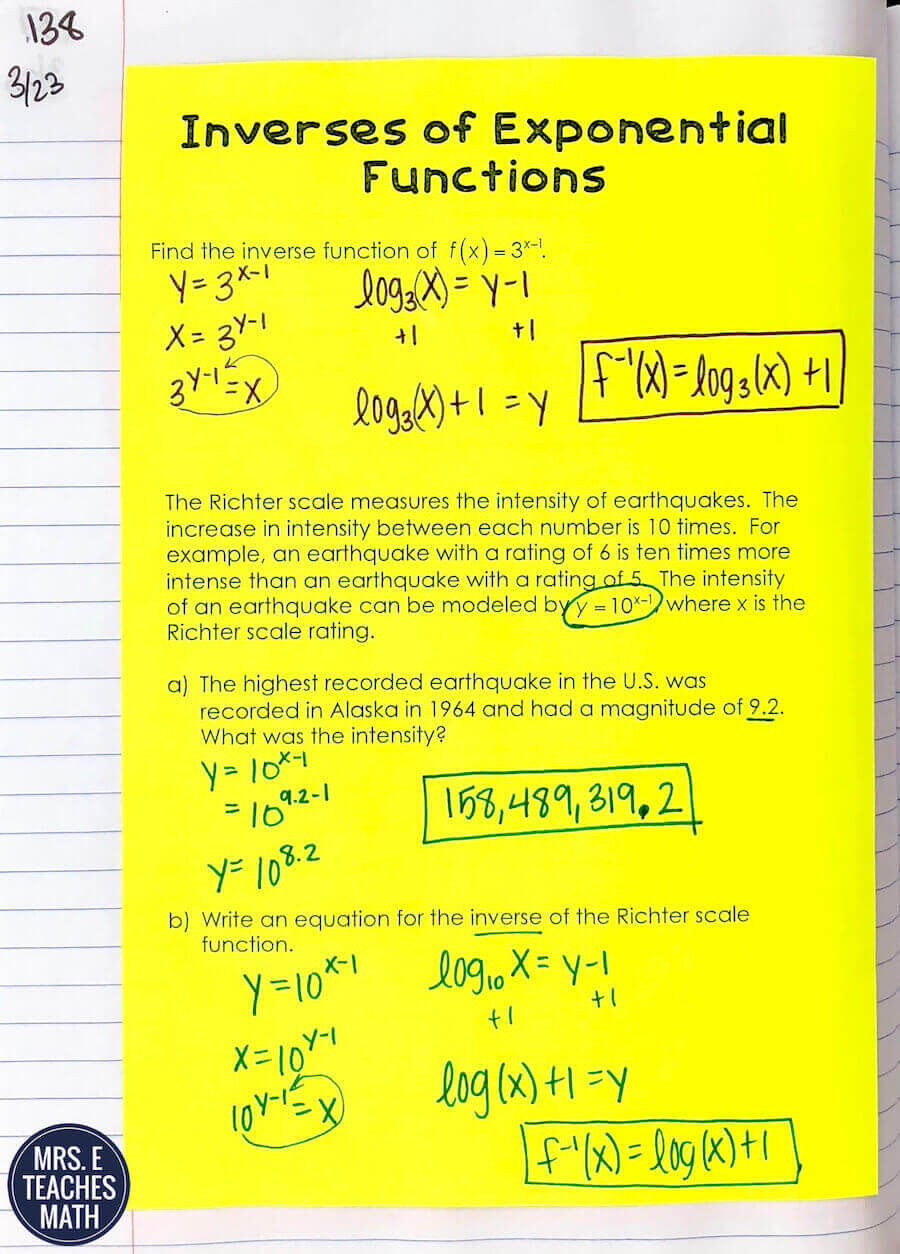 Exponential and Logarithmic Functions INB Pages | Mrs. E Teaches Math