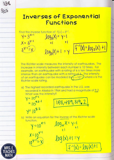 Exponential and Logarithmic Functions INB Pages | Mrs. E Teaches Math