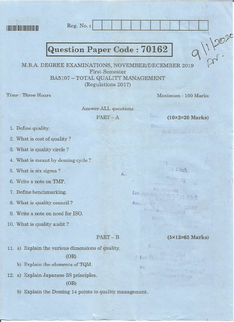 Anna University BA 5107-TOTAL QUALITY MANAGEMENT NOVEMBER/DECEMBER 2019 ...