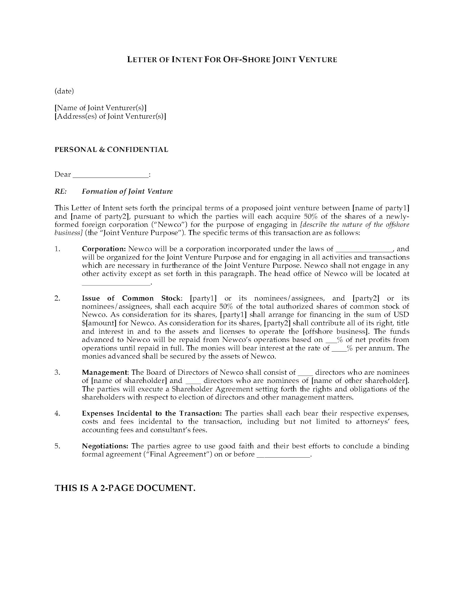 Joint Venture Letter Of Intent Template ~ Resume Letter