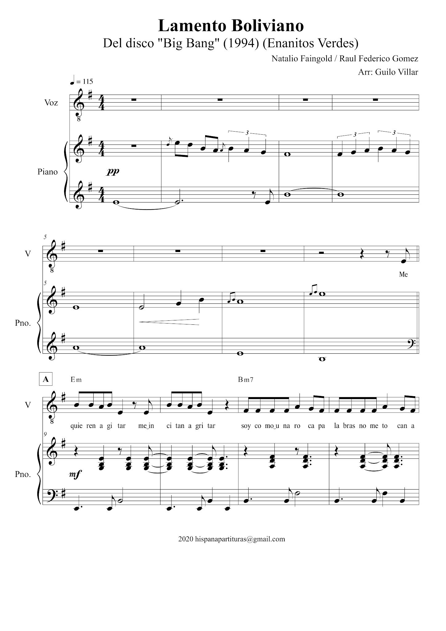 Enanitos Verdes - Lamento Boliviano (Partitura para piano y voz)