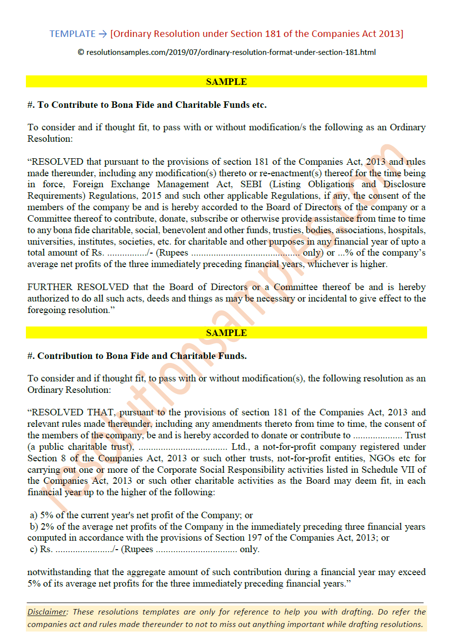 Ordinary Resolution under Section 181 of Companies Act 2013
