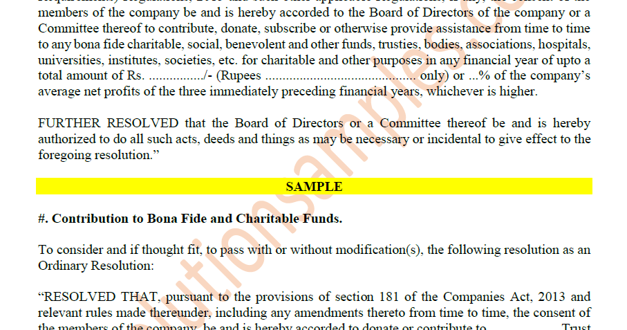 Ordinary Resolution under Section 181 of Companies Act 2013