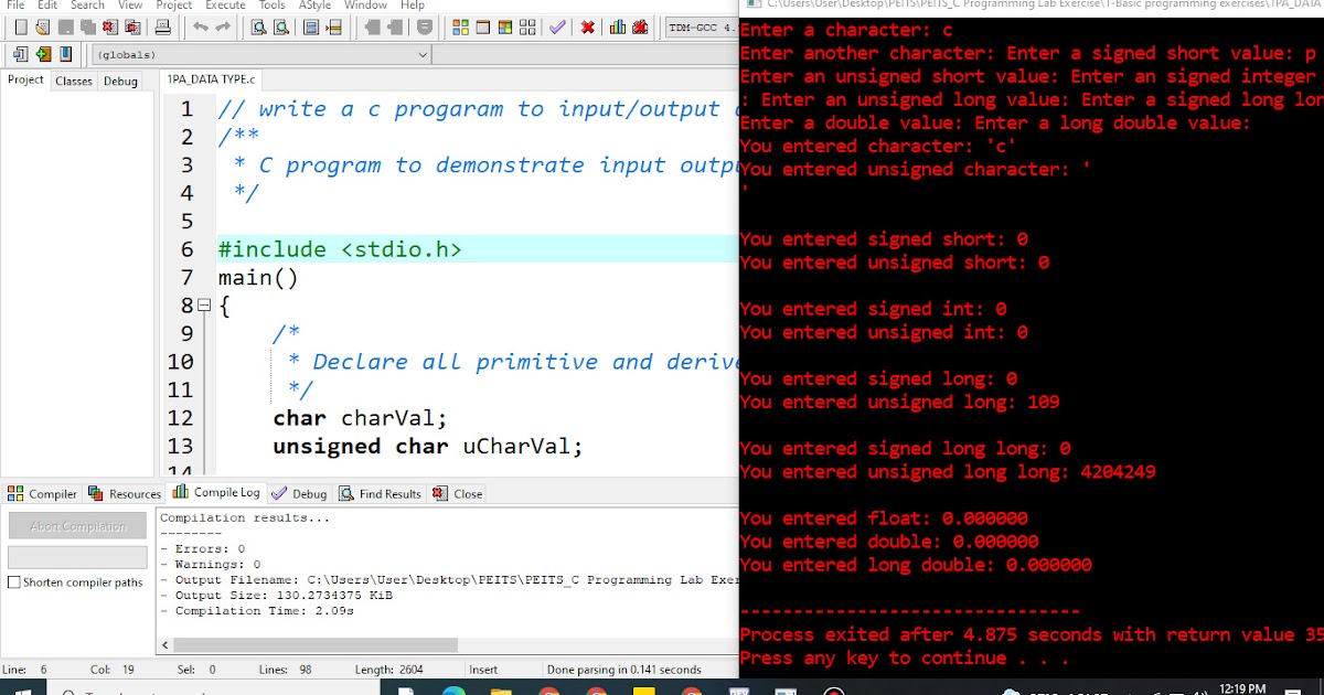 Write a C program to perform input/output of all basic data types.