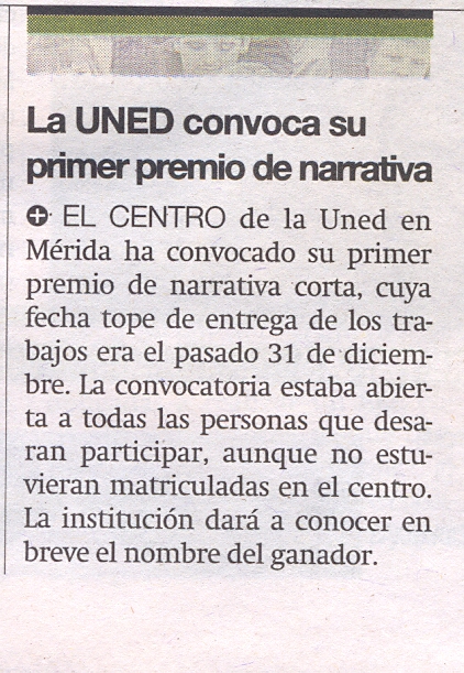 UNED Mérida en la Prensa: Noticia del premio de narrativa breve ...