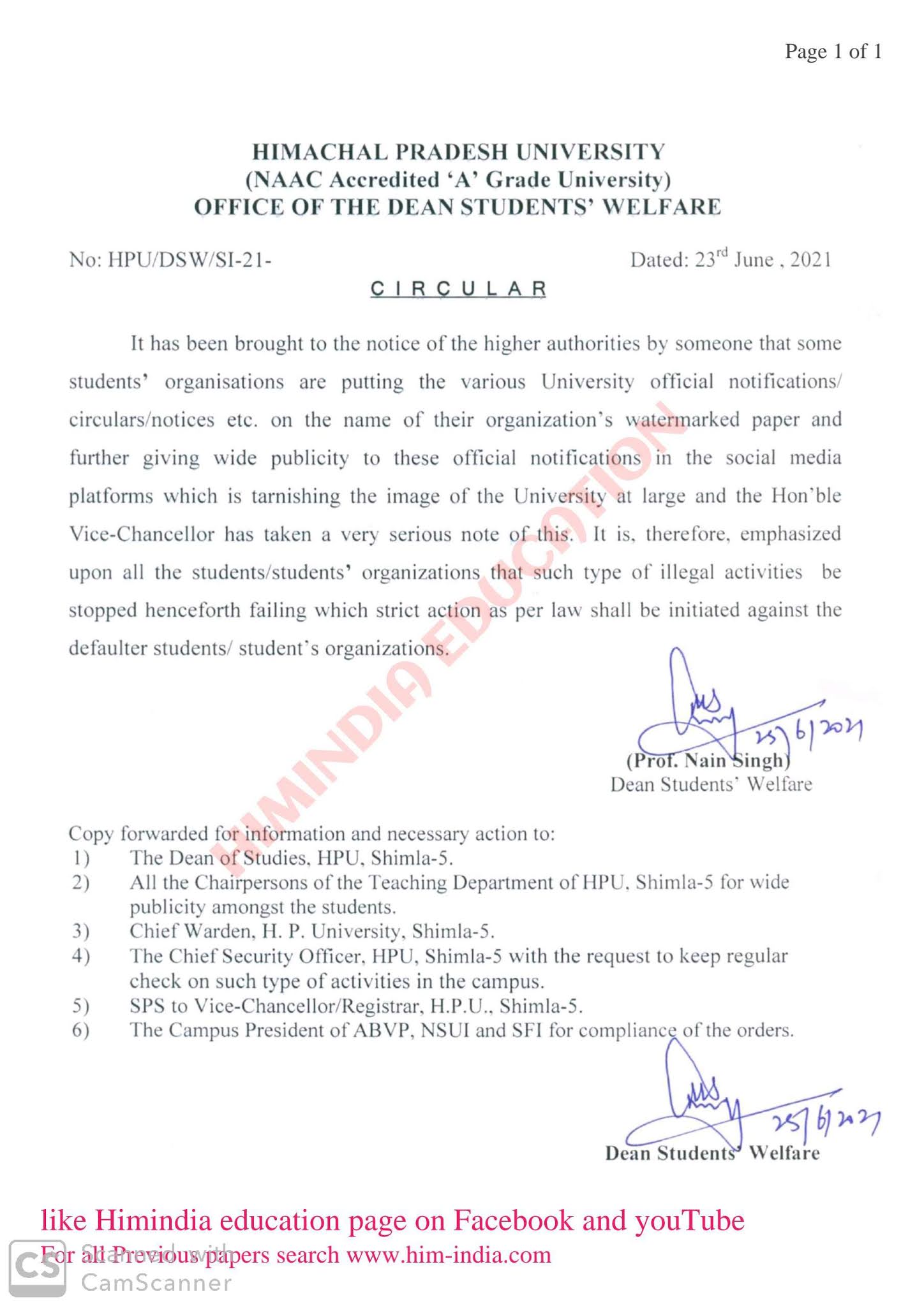 HPU Circular regarding Students/Students organisation issue
