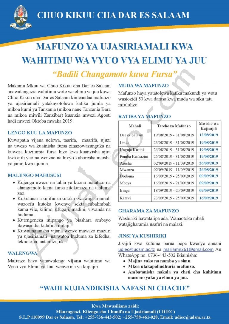 UDSM:Graduates Entrepreneurship Training Opportunities | The University ...