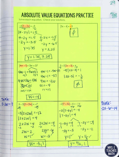 Absolute Value Functions and Transformations INB Pages | Mrs. E Teaches ...