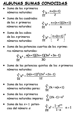 Diccionario Matematicas: Sumatorias Conocidas