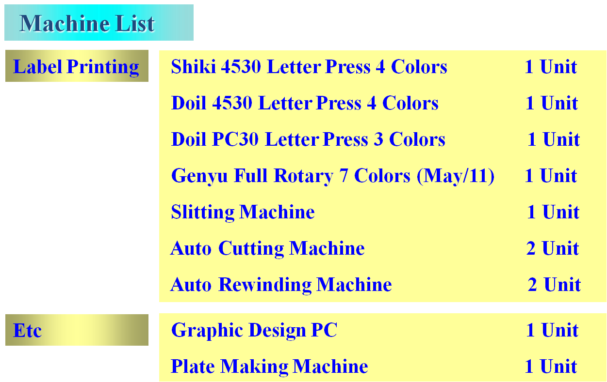 Fine Webtech (Thailand) Co., Ltd.: Machine List