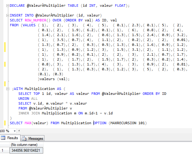 SQL Québec: Produit Scalaire (ou fonction de multiplication d'agrégation)