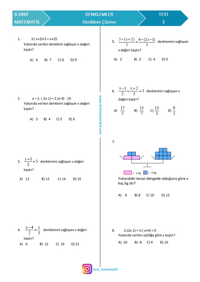 8 Sinif Denklem ÇÖzme Test 1 Test Matematik