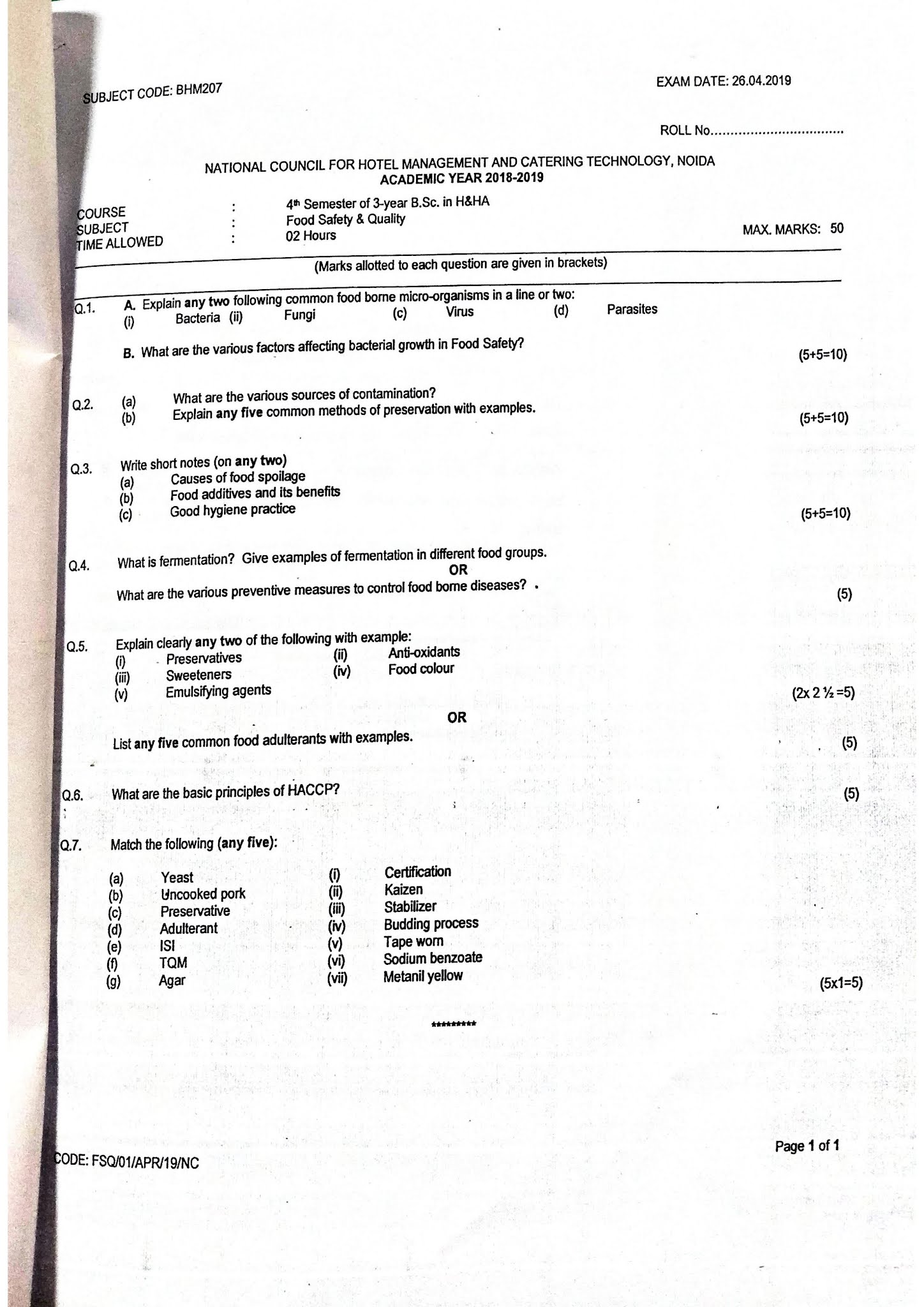 Food Safety and Quality Previous year Question papers
