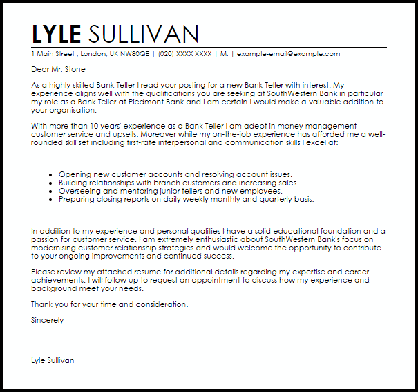 Bank Teller Cover Letter Examples ~ Resume Letter