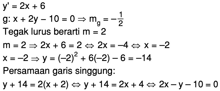 Y X2 6x 6 Tegak Lurus Dengan Garis X 2y 10 0 Mas Dayat y-x2-6x-6-tegak-lurus-dengan-garis-x-2y-10-0-mas-dayat
