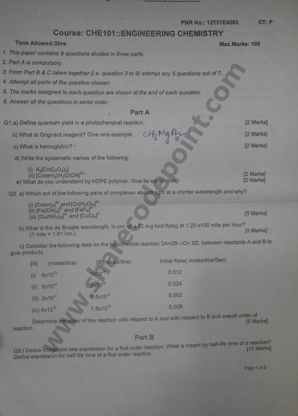 CHE101 : Engineering Chemistry End Term Exam Question Paper | lpu