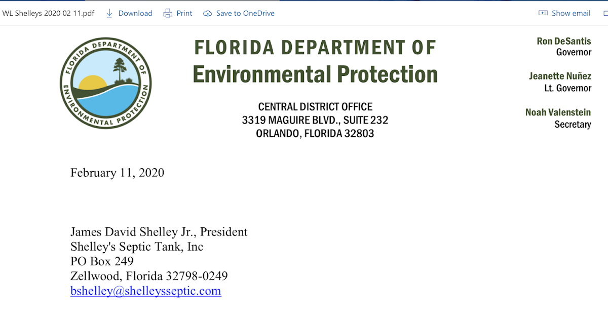 Warning Letter to Shelley's Septic from FDEP