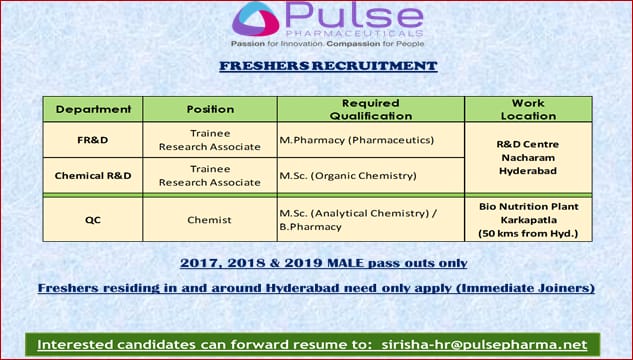 Freshers Recruitment in QC / FR&D / Chemical R&D Departments @ Pulse Pharmaceuticals - JOB ...