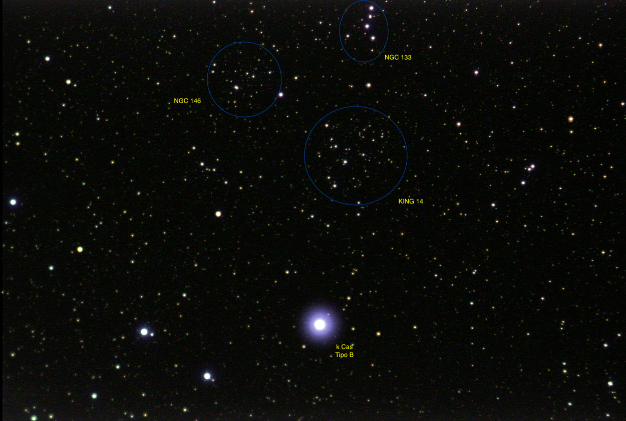 NGC 133, 146 y KING 14 cúmulos estelares en Cassiopeia
